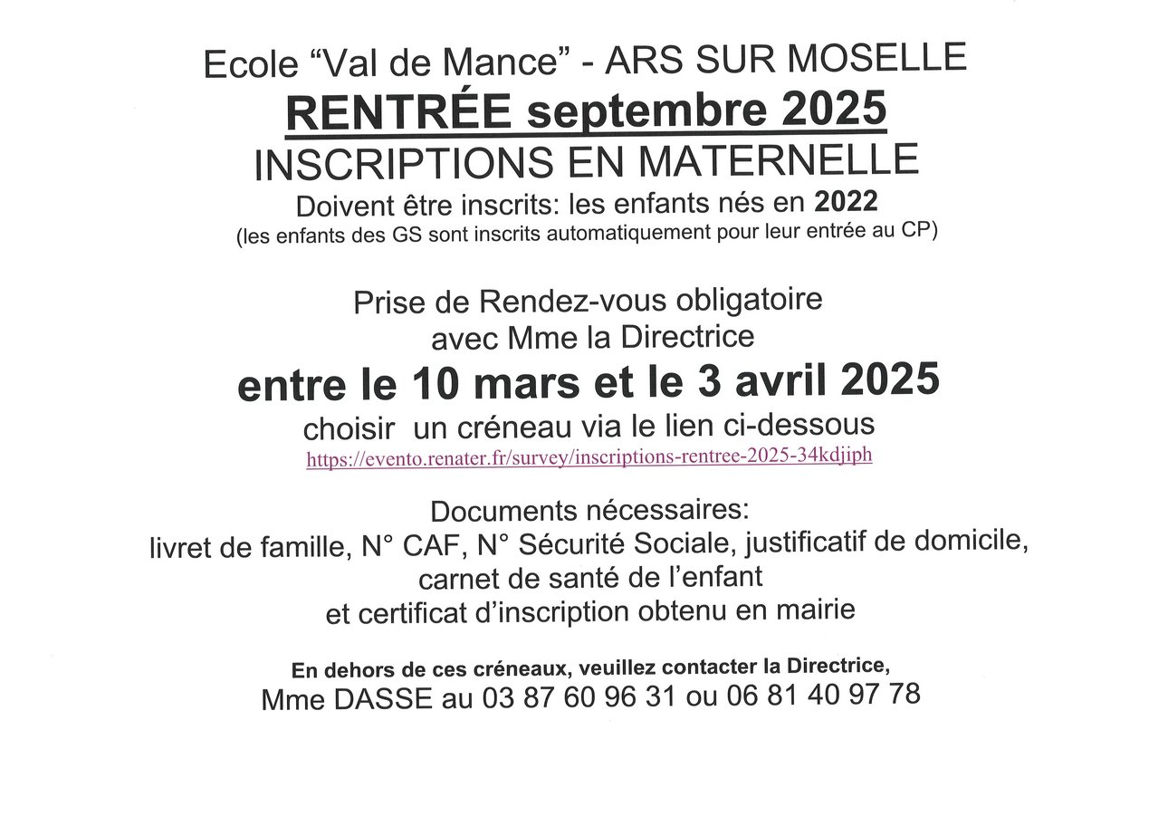 Inscriptions en maternelle RENTRÉE SCOLAIRE septembre 2025